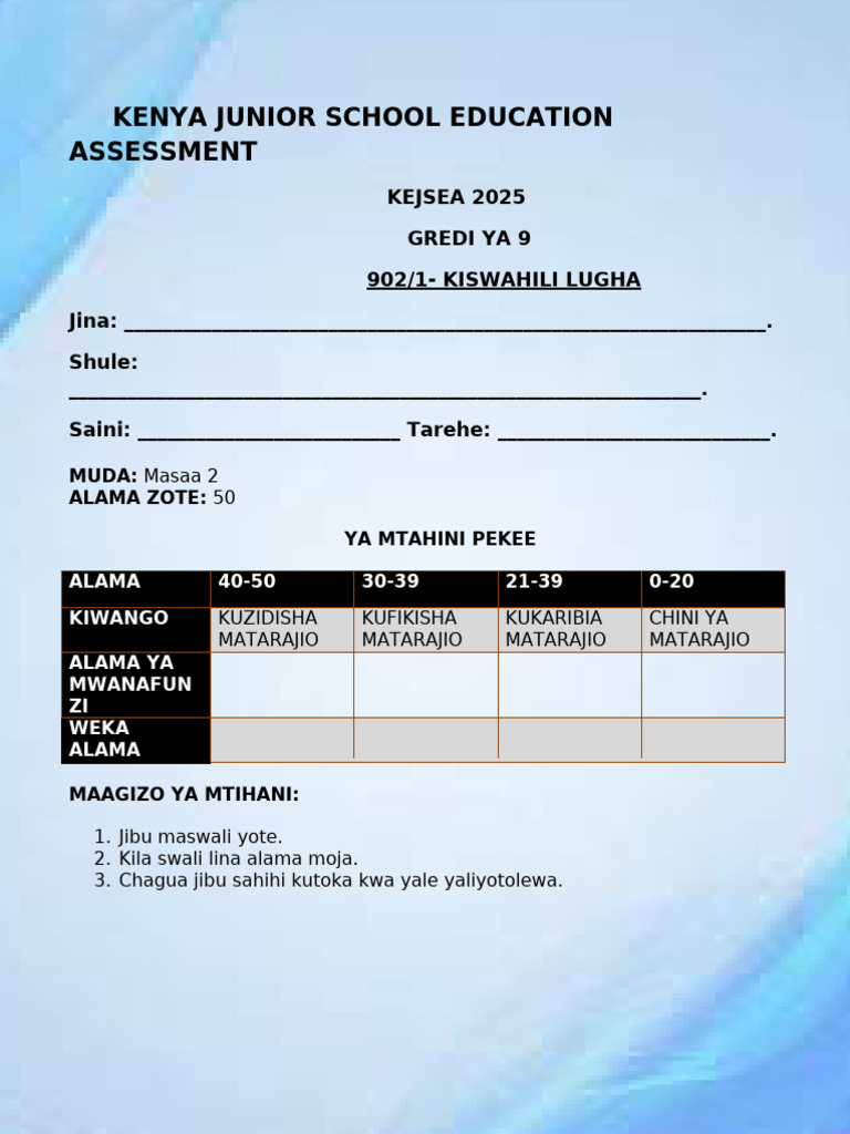g9 Kiswahili Paper 1 | PDF