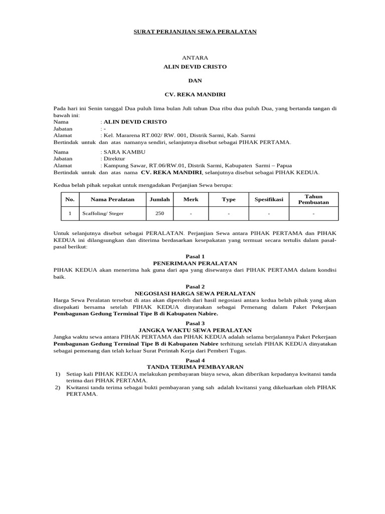SURAT PERJANJIAN SEWA Steger Alin | PDF