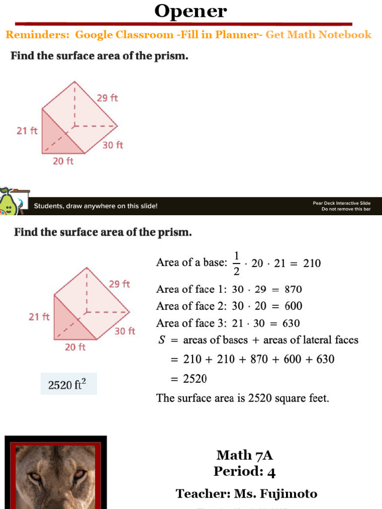 03 - 20 10.2 Surface Area of Cylinders Math 7A | PDF