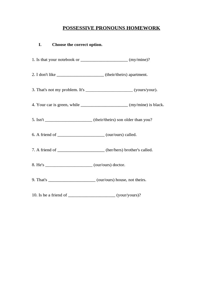 Possessive Pronouns Homework | PDF