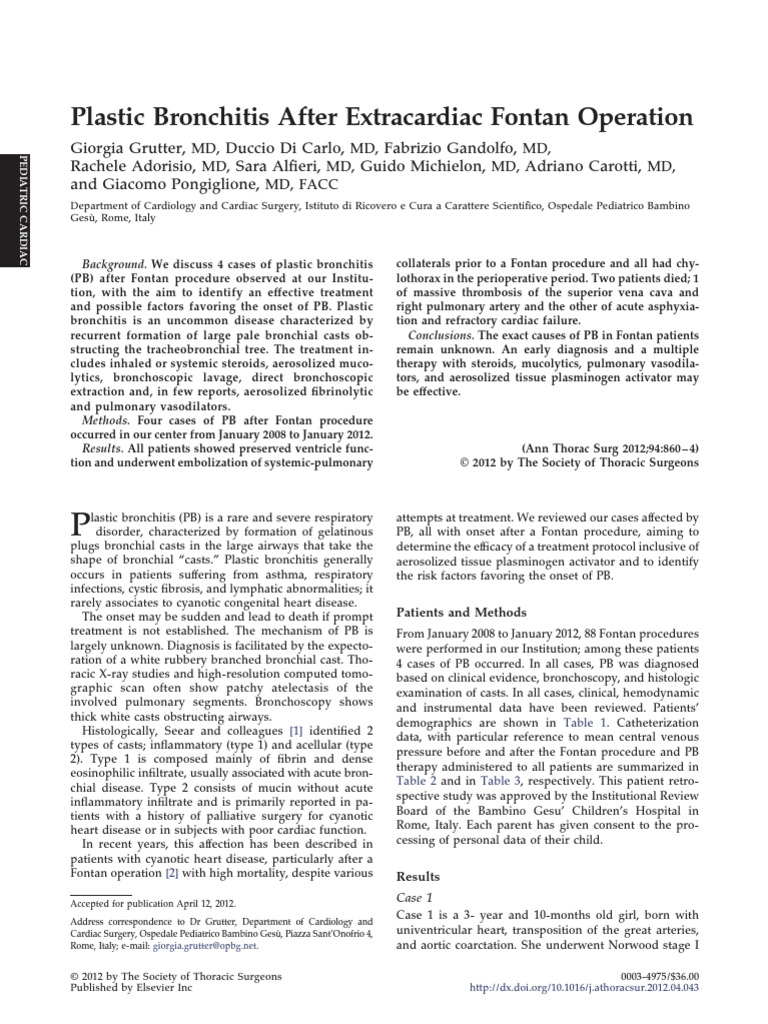 Plastic Bronchitis After Extracardiac Fontan Operation | PDF ...