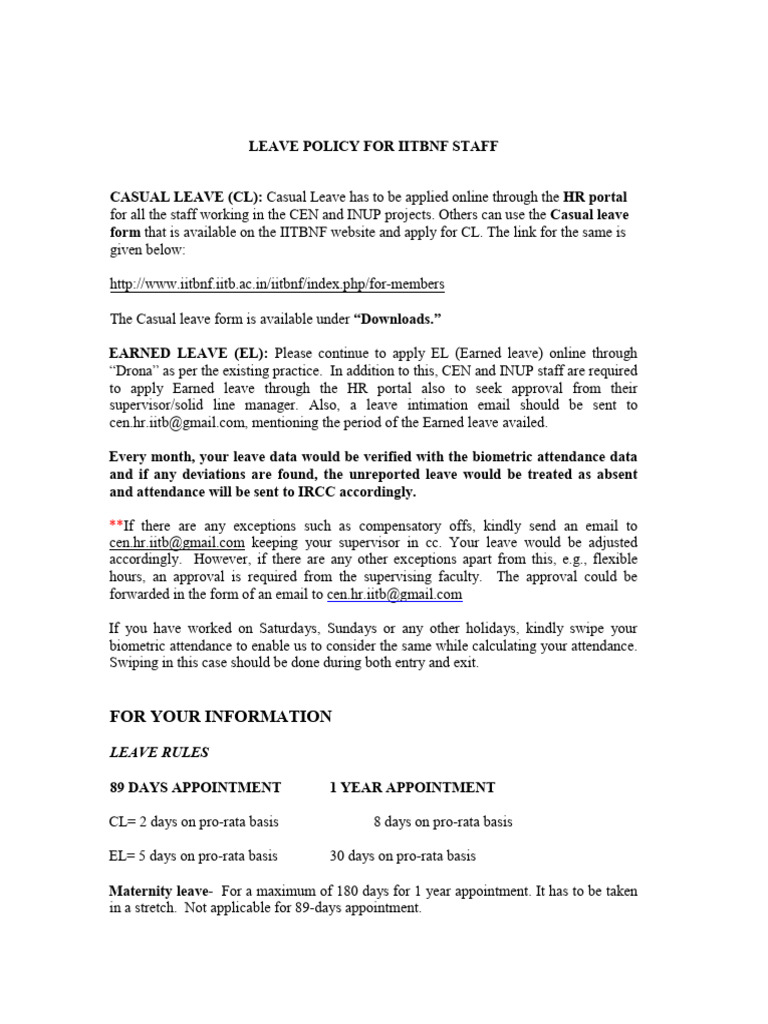 IITBNF Staff Leave Policy Overview | PDF