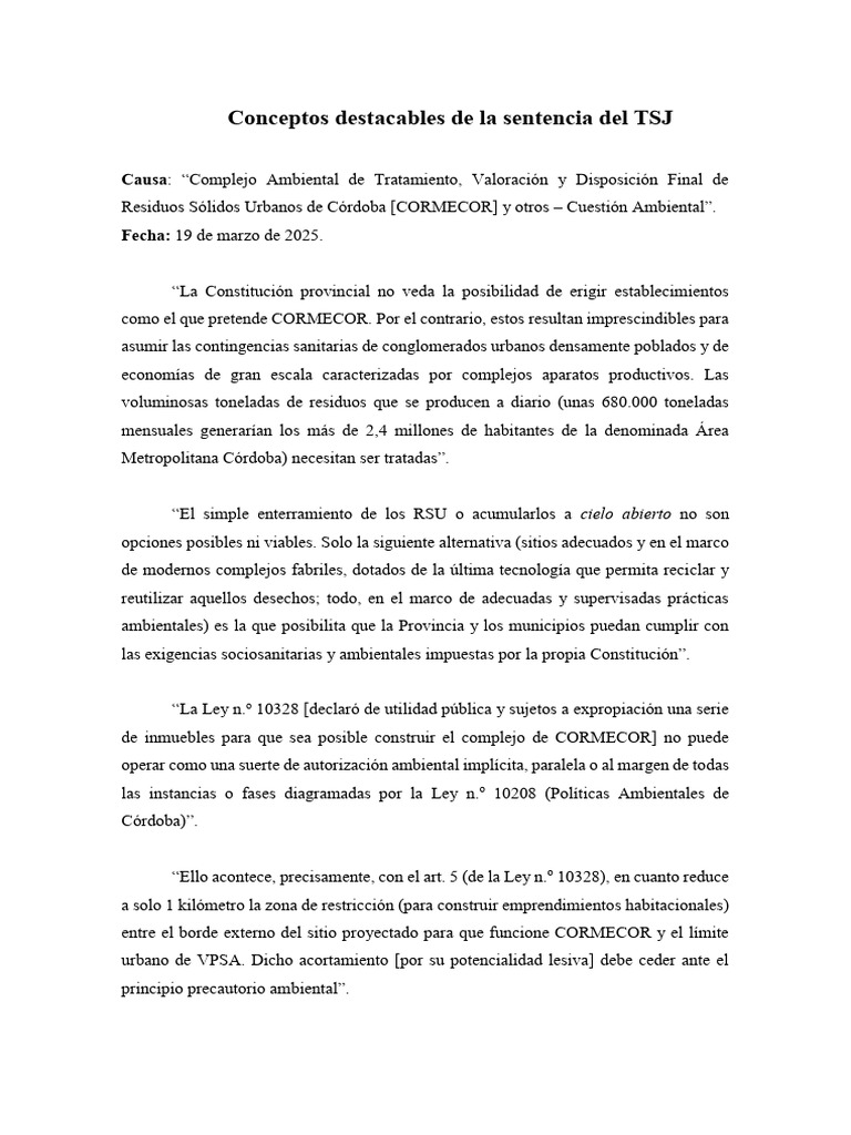Conceptos Sentencia Del TSJ CORDOBA 2025 PLANTA TRATAMIENTO RPS MARZO 2025 - CORMECOR | PDF ...