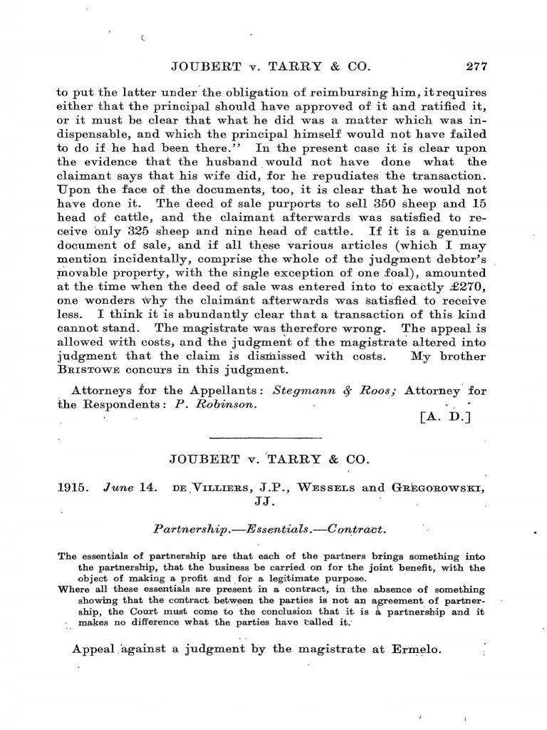 Joubert v. Tarry & Co. Partnership Case | PDF | Judgment (Law) | Common Law