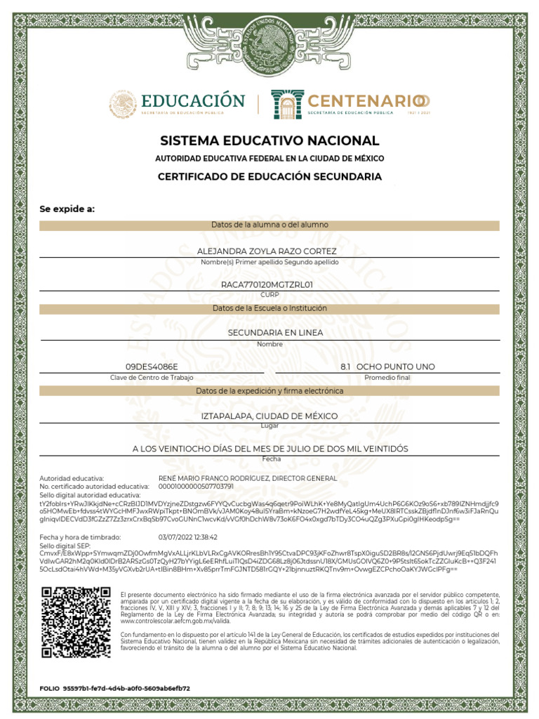 Certificado de Secundaria Erick | PDF