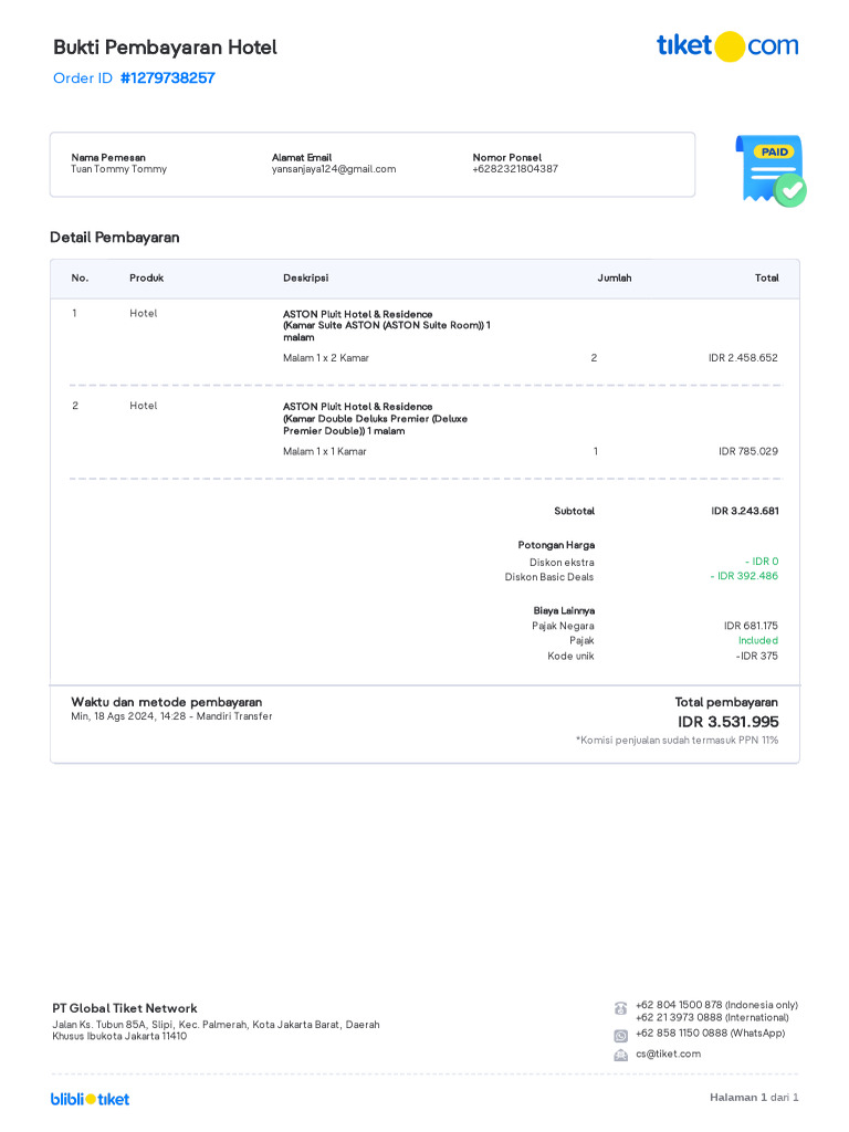 Receipt Hotel Aston Pluit 18-19 August 2024 Yang Shuzhan Jiang Longyin Ahmad Jazuri | PDF