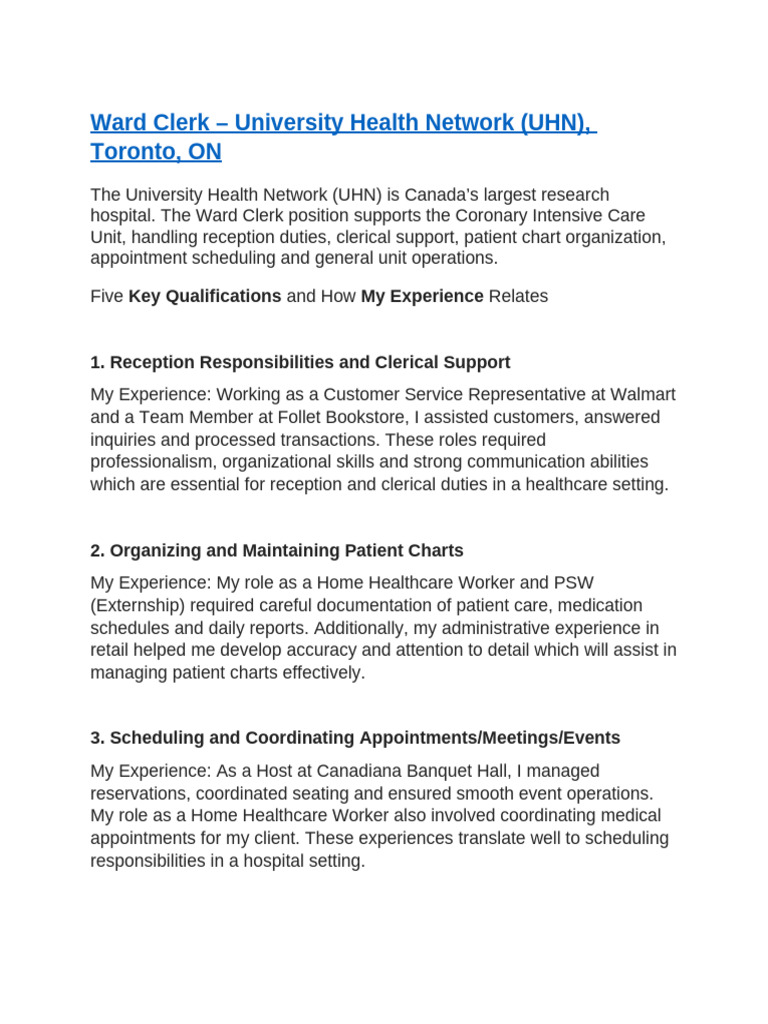 Ward Clerk Position Overview and Qualifications | PDF | Health Care ...