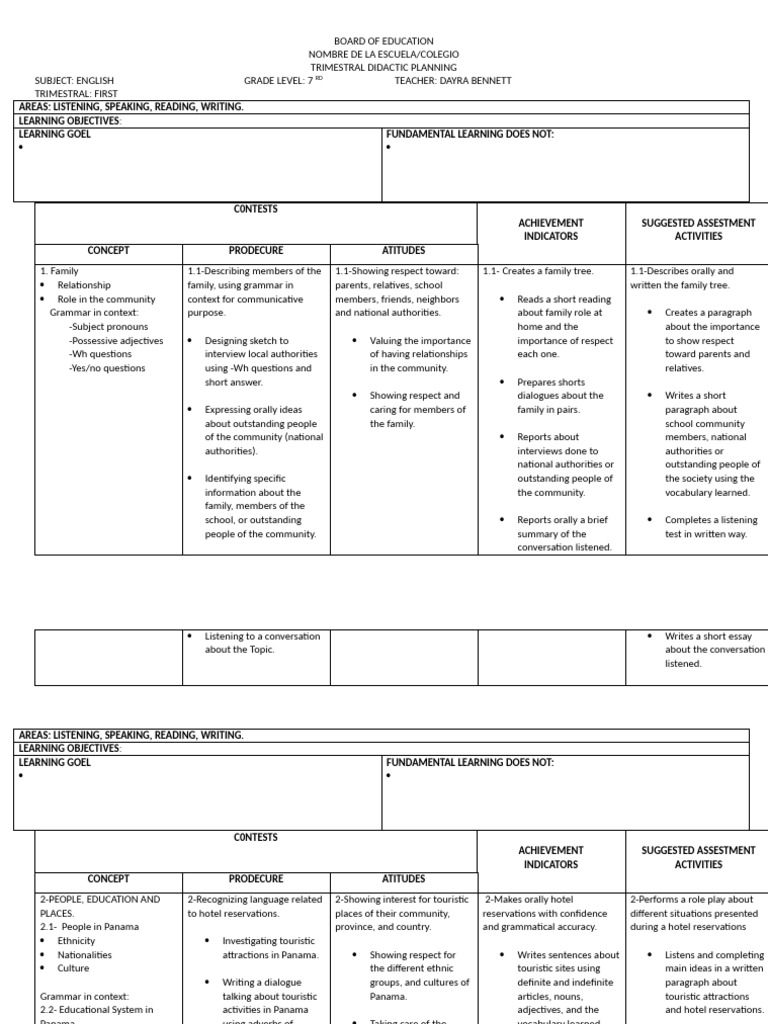 7th Grade English Trimester Plan | PDF | Adverb | Grammar