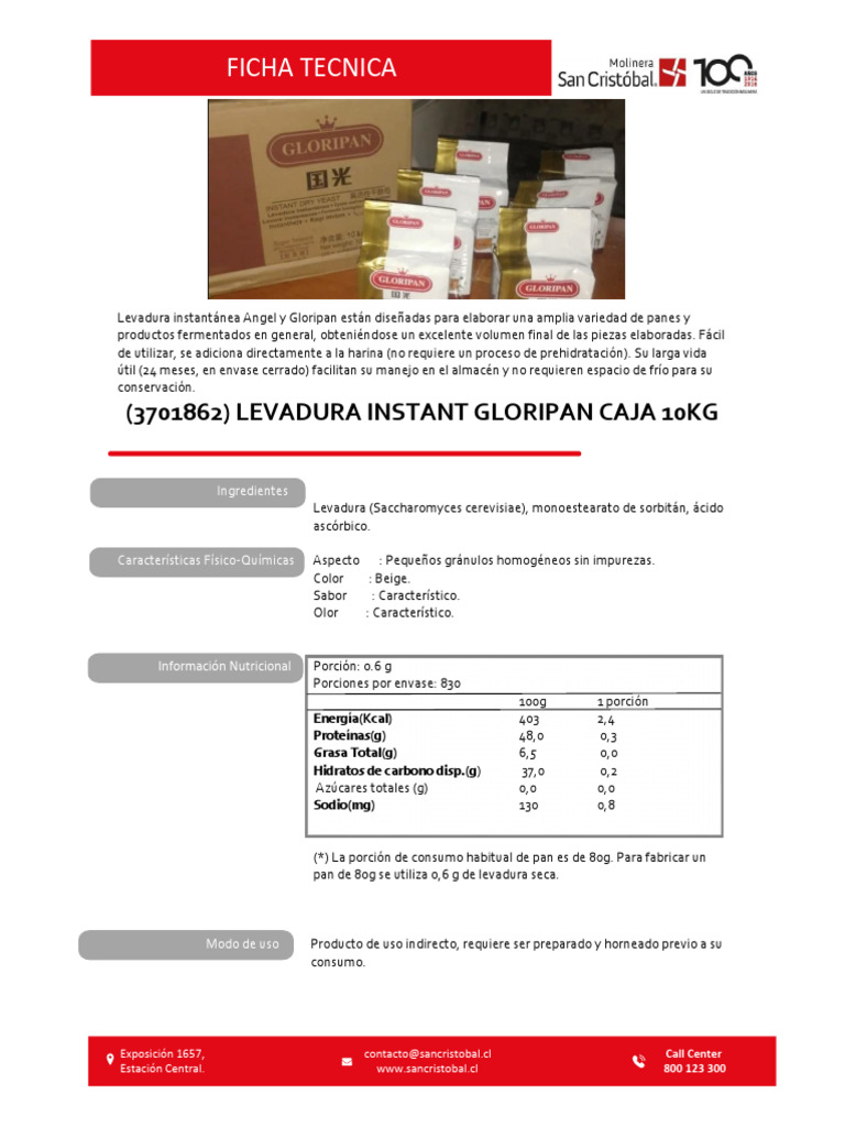 Ficha Tecnica Levadura Instant Gloripan | PDF | Panes | Levadura