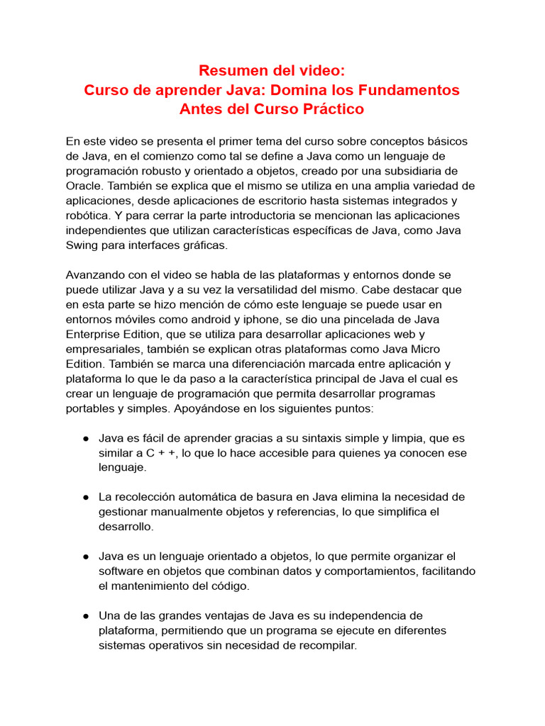 Resumen Del Video | PDF | Java (lenguaje de programación) | máquina ...