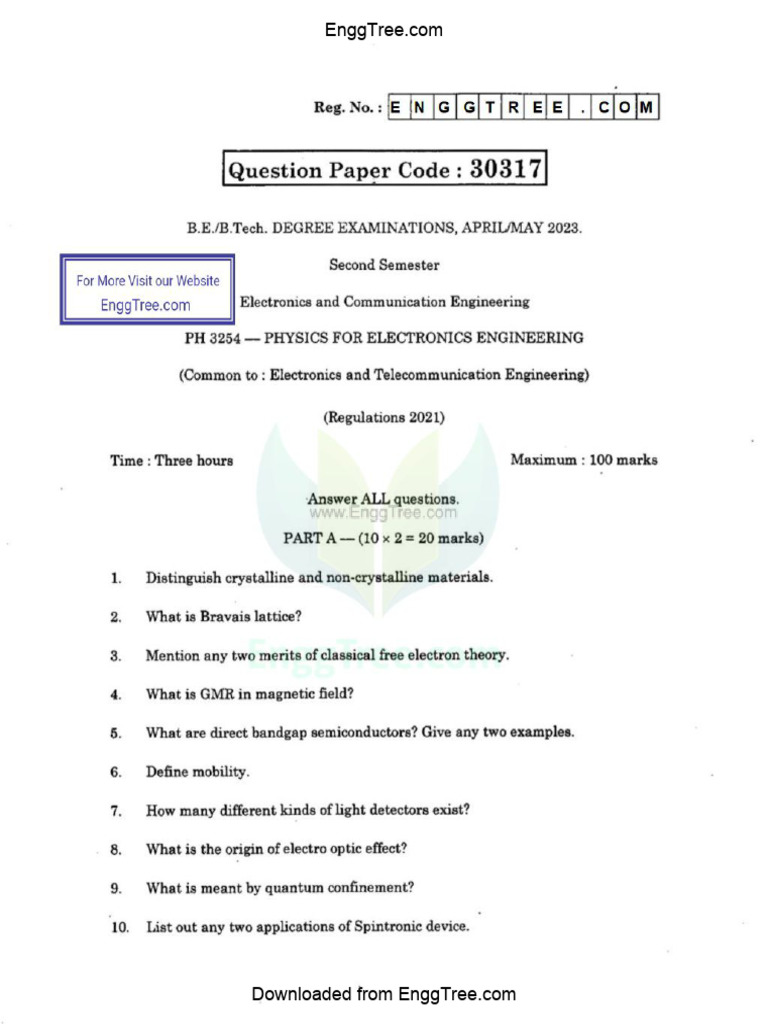 PH3254 Physics For Electronics Engineering Apr May 2023 Question Paper ...