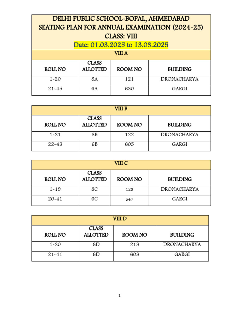 DPS Bopal Class VIII Exam Seating Plan | PDF