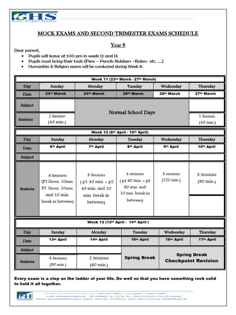 2nd trimester exams schedule Y.8 | PDF