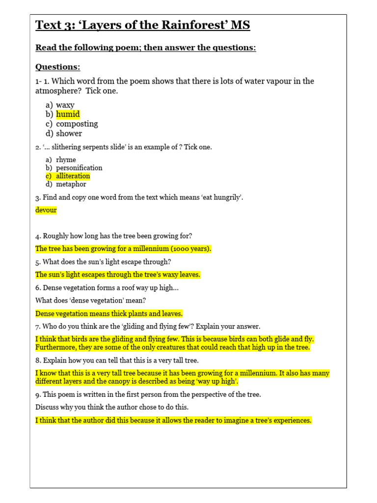 Rainforest Poem Analysis and Questions | PDF