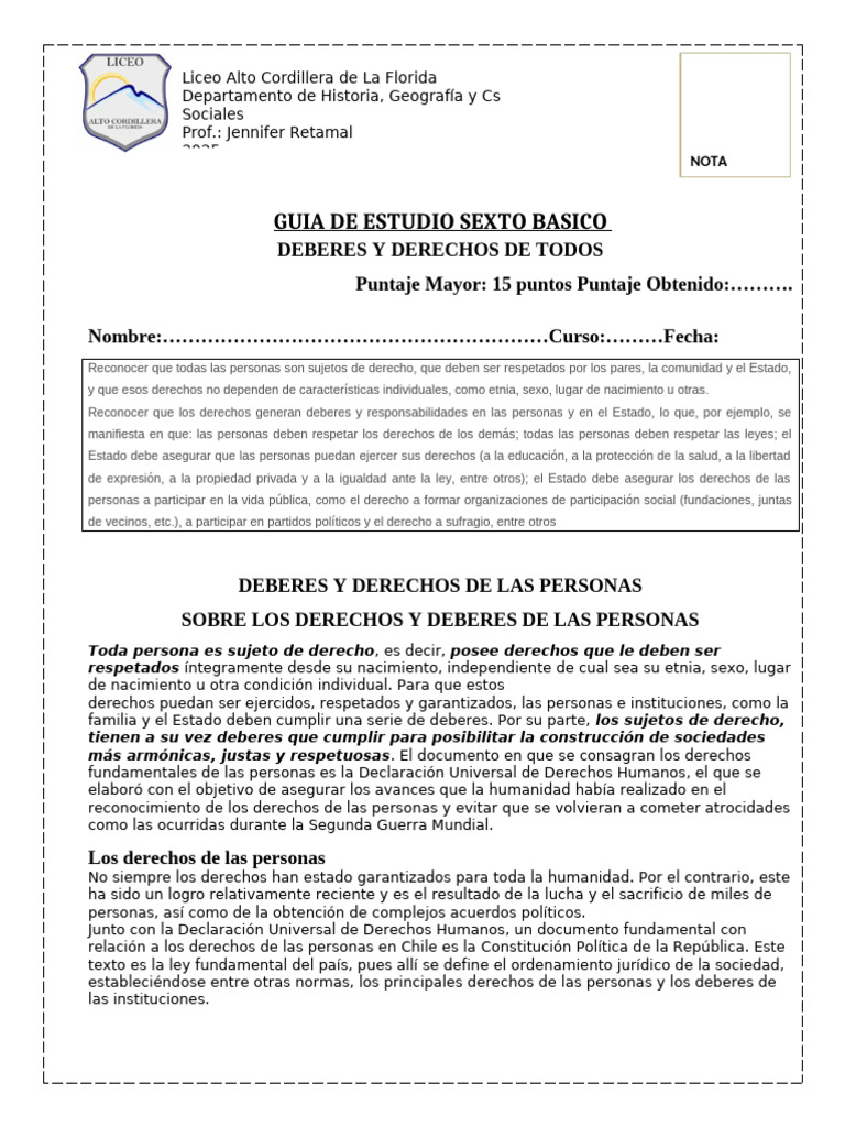 Derechos y Deberes en Sexto Básico | PDF | Derechos | Derechos humanos