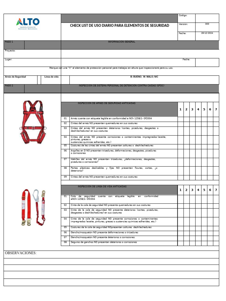 Checklist de Inspección de Arnés de Seguridad | PDF
