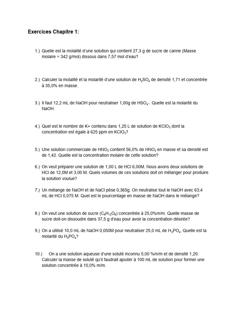 Calculs de molalité et molarité en chimie | PDF | Concentration molaire ...