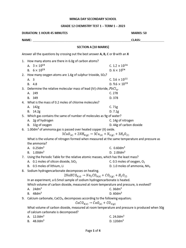 Grade 12 Chemistry Test 1 2023 - 033757 | PDF | Oxide | Ammonia