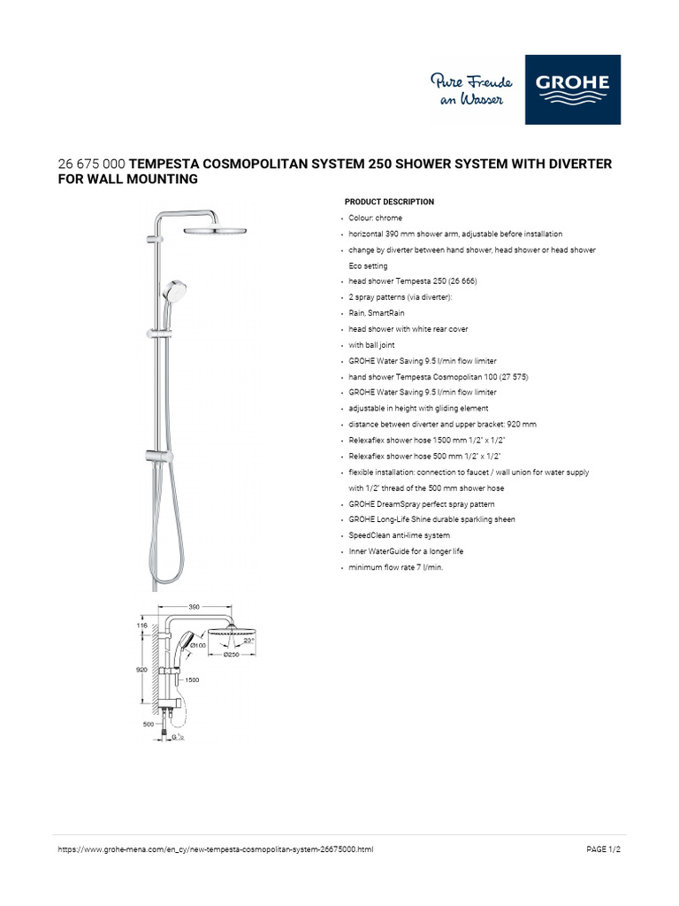 GROHE Specification Sheet 26675000 | PDF | Shower