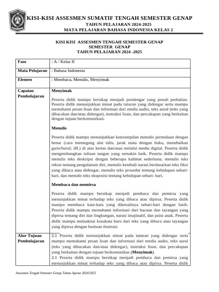 Fix_Kisi-kisi B.indo_Kelas 2_ATS Genap 2425 | PDF