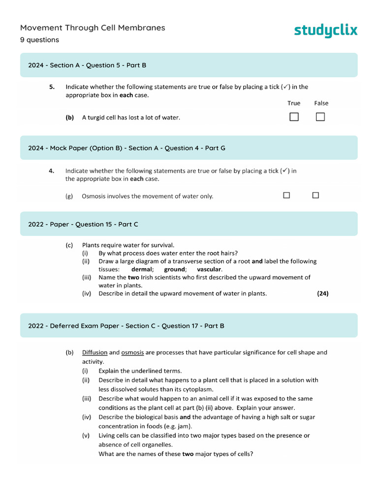 Cell Membrane Movement Exam Questions | PDF