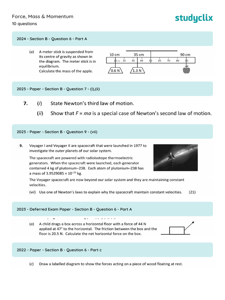 Force, Mass & Momentum Questions | PDF