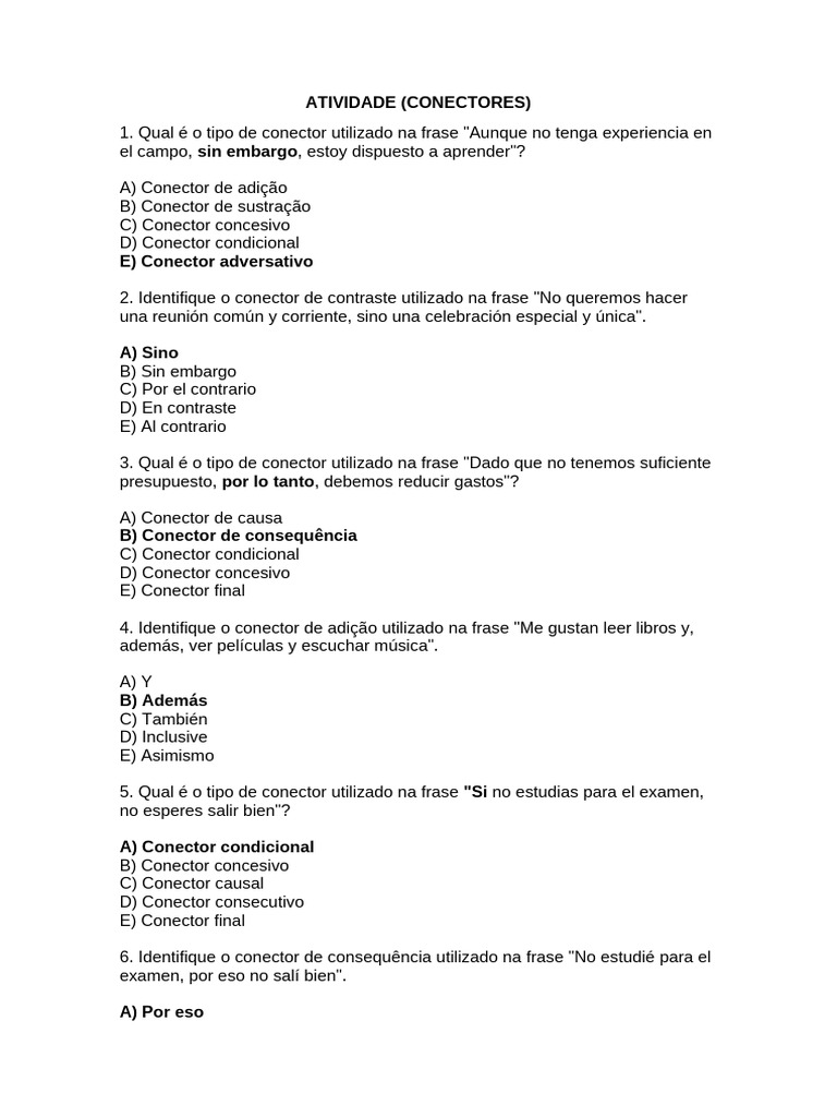 Exercícios sobre Conectores em Espanhol | PDF