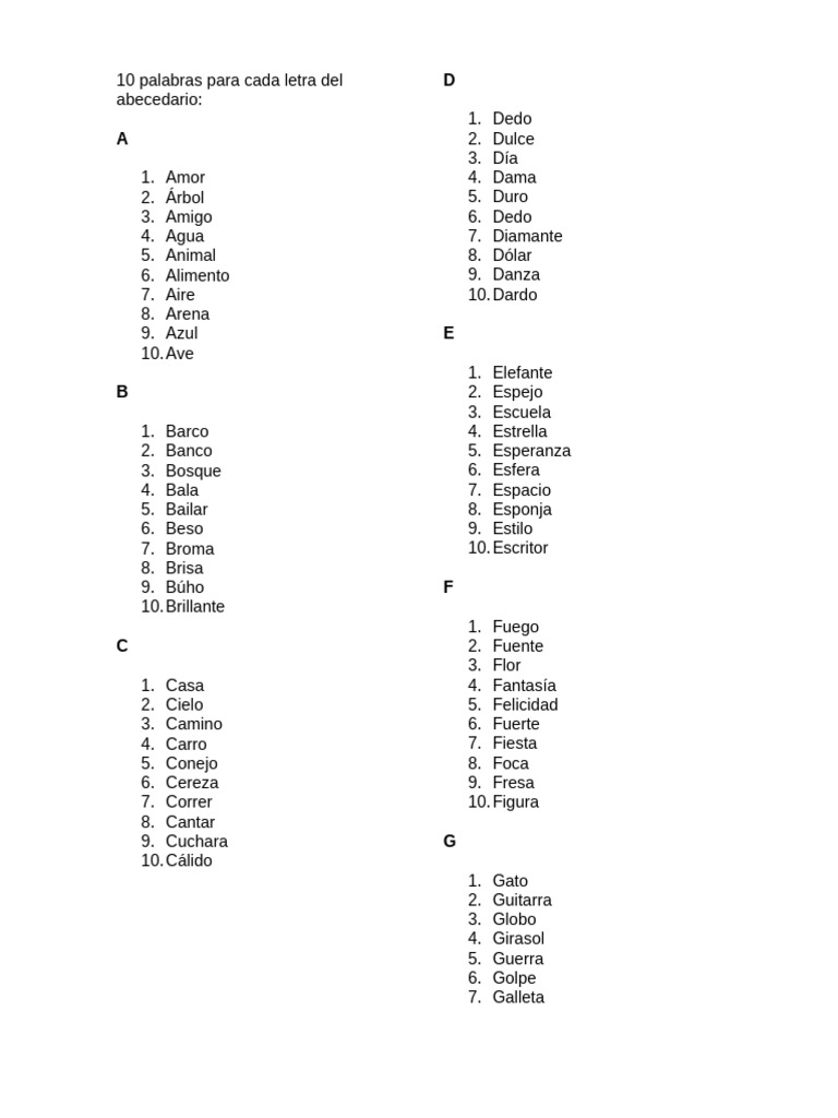 10 Palabras por Letra del Abecedario | PDF