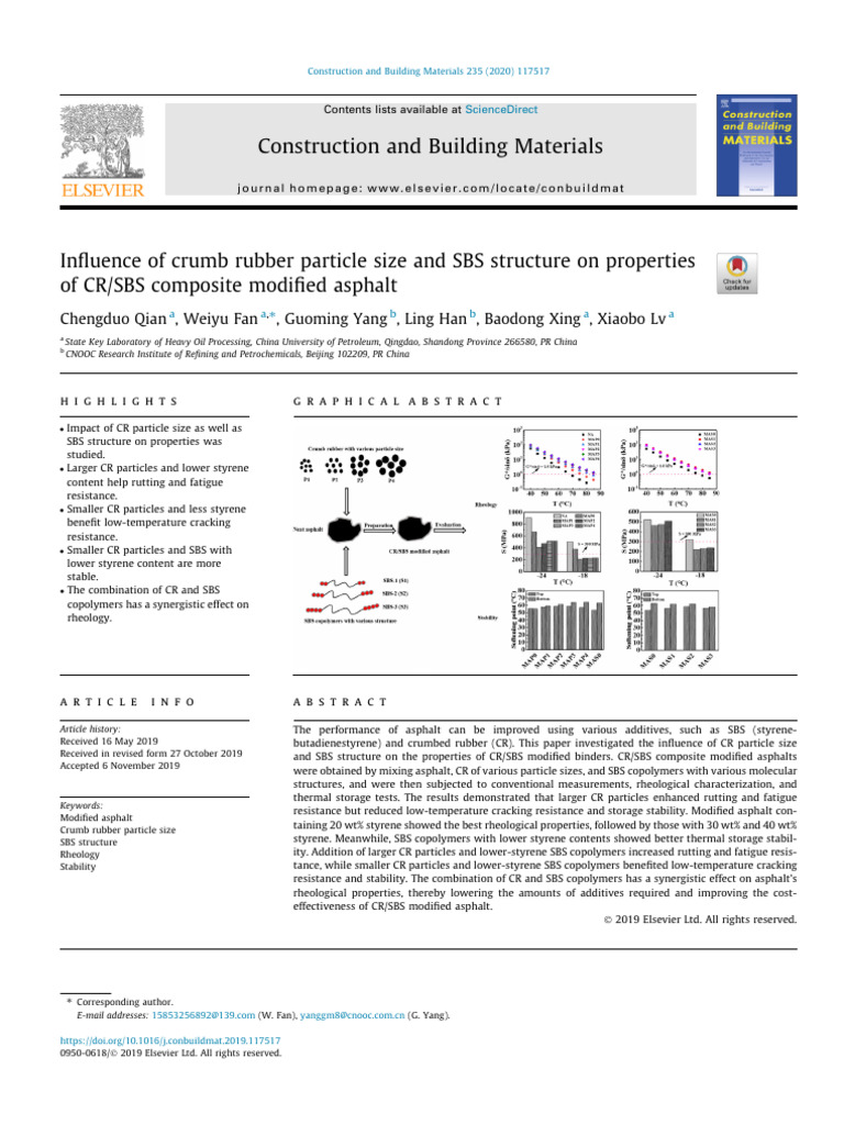 Qian Et Al, 2020 - Influence of Crumb Rubber Particle Size and SBS ...