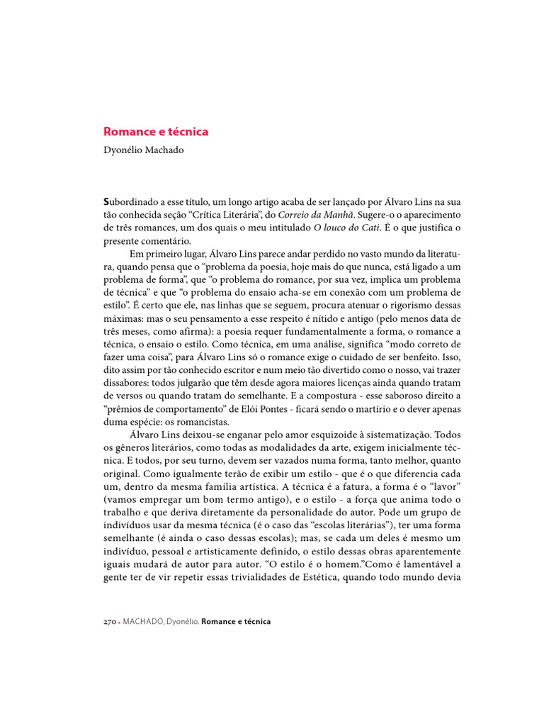 Dyonelio Machado Romance e Técnica (Ensaio de Dyonelio Sobre Seus ...