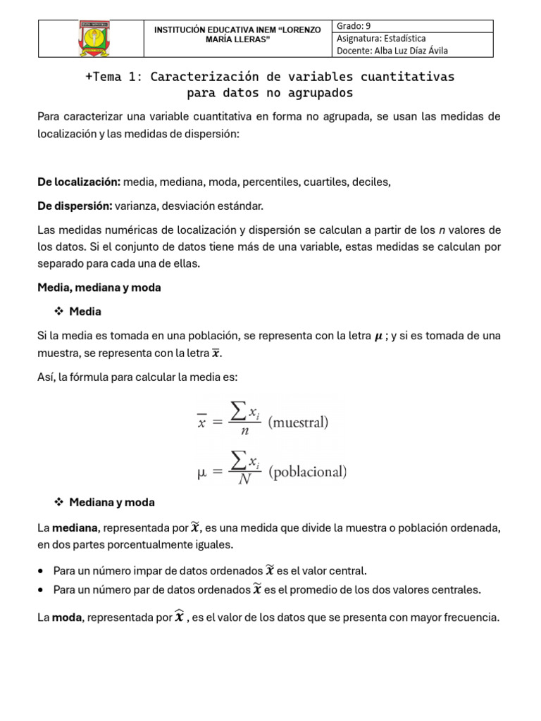 Tema 1. Caracterización de Variables para Datos No Agrupados | PDF | Mediana | Media