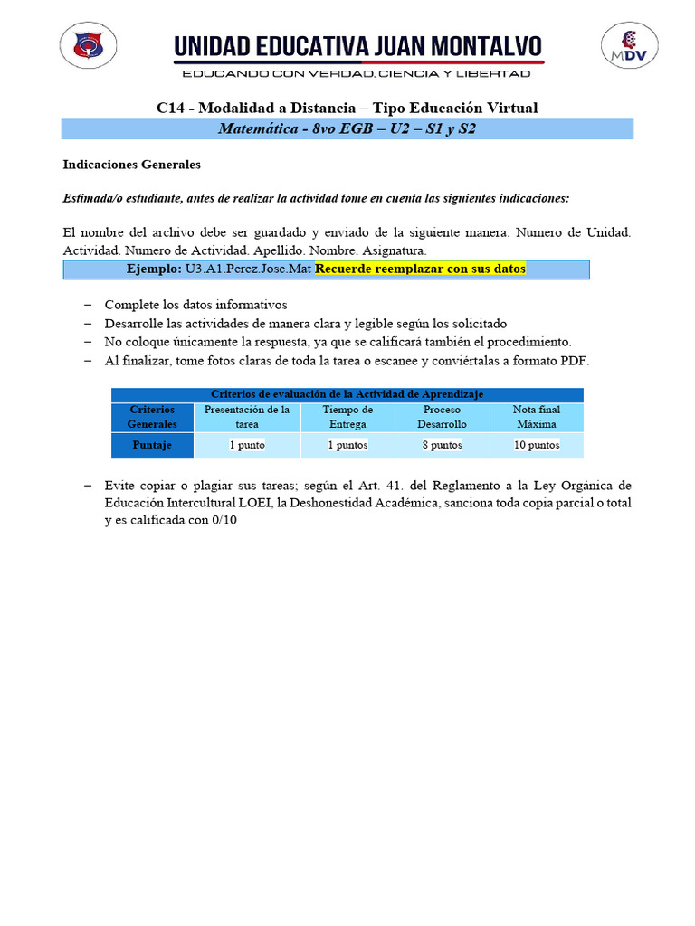 Actividades de Matemática 8vo EGB U2 | PDF