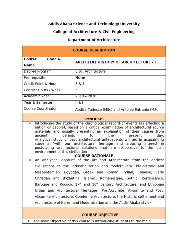 COURSE DESCRIPTION Architectural History Courses | PDF | Ethiopia ...