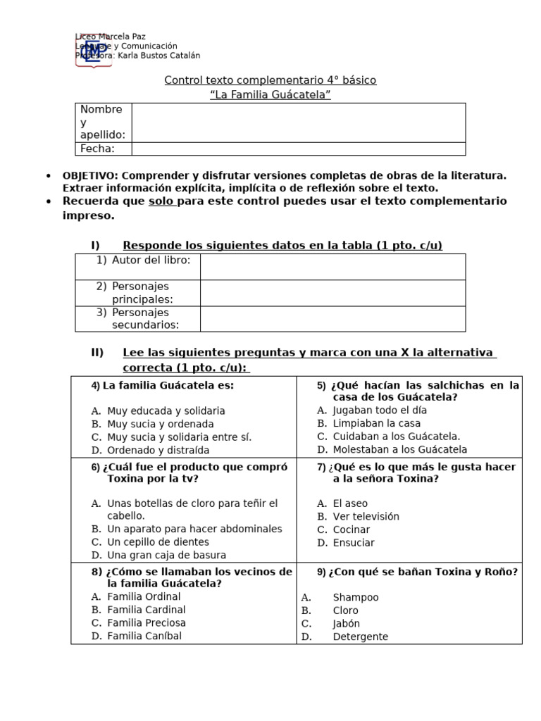 4° Control texto complementario La Familia Guacátela | PDF