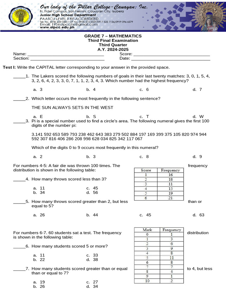 Grade 7 Math Final Exam | PDF | Mathematics | Numbers
