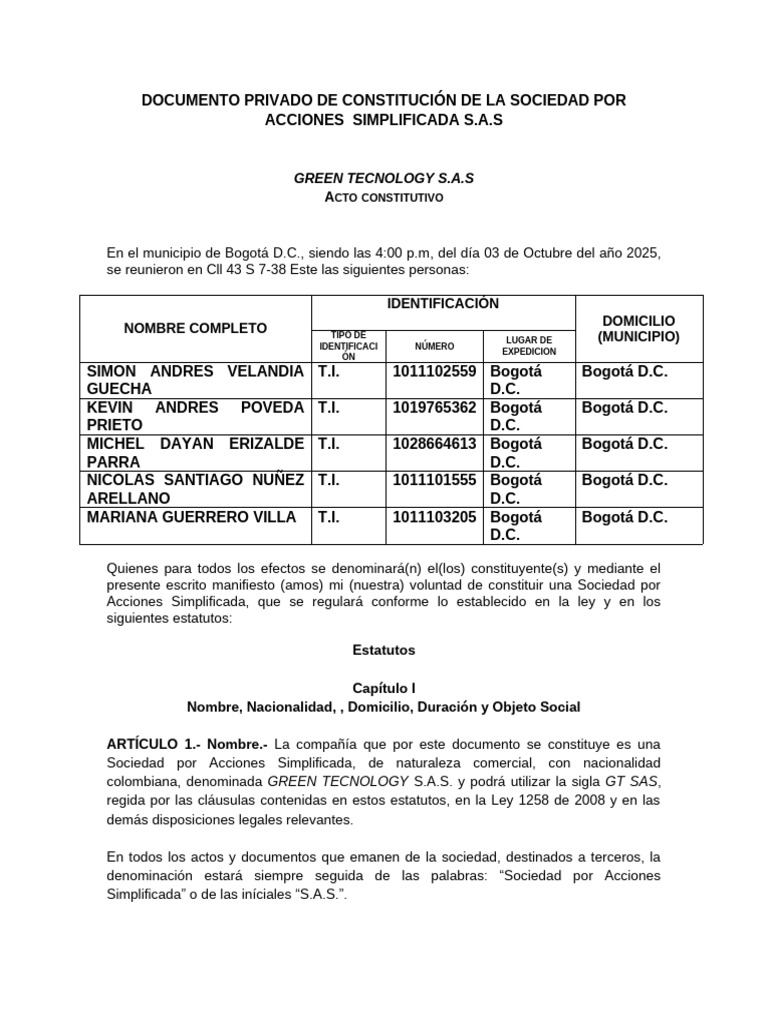 Documento Privado de Constitución de La Sociedad Por Acciones Simplificada S | PDF | Dividendo ...