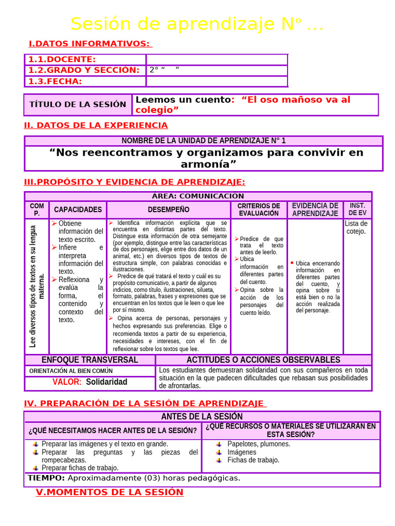 Sesión Leemos Un Cuento El Oso Mañoso 2° Maestra Janet | PDF | Aprendizaje | Teoría de la educación