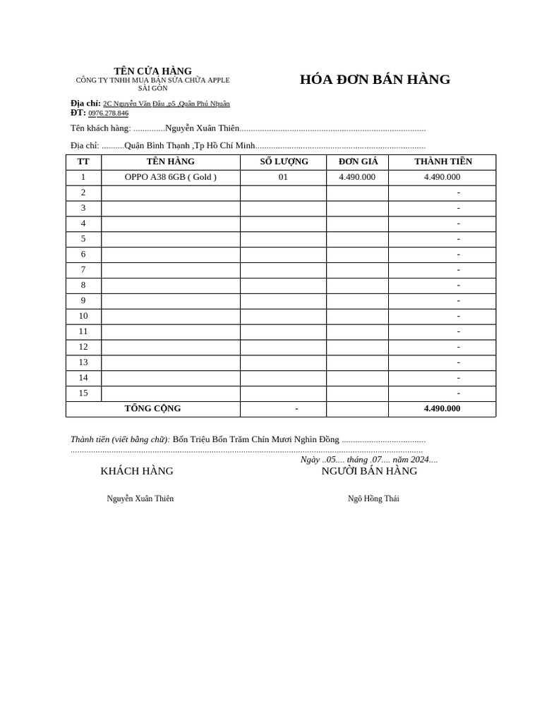Hoa Don Ban Hang File Word | PDF