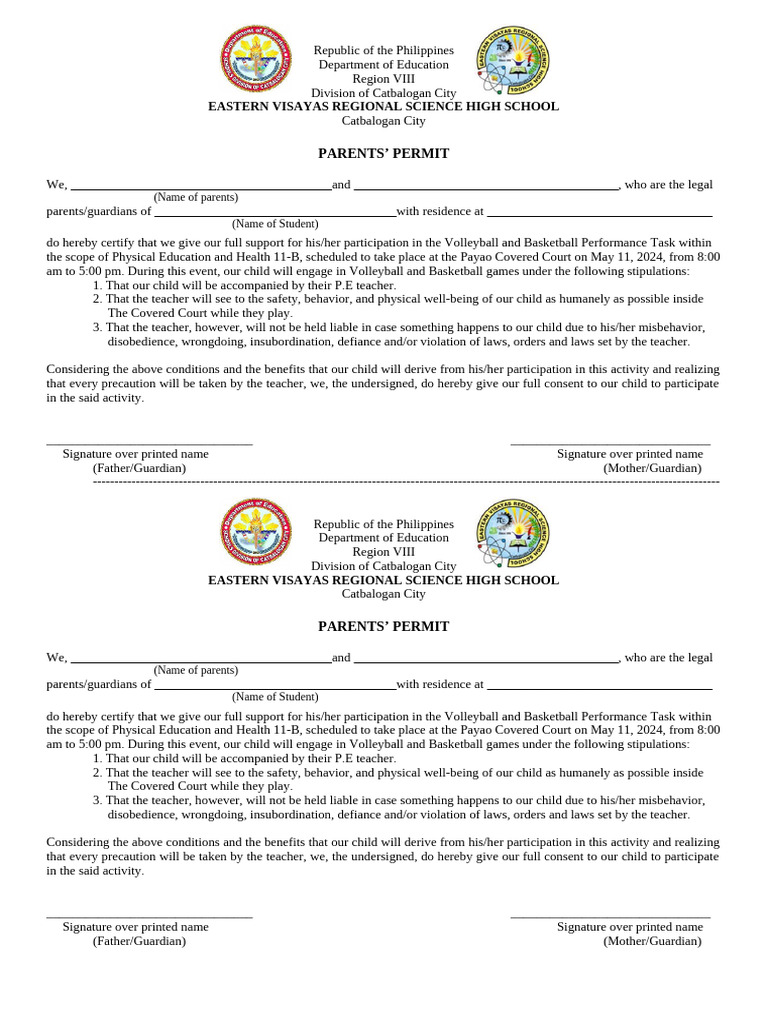 PARENTS PERMIT FINAL Volleyball and Basketball | PDF | Living ...
