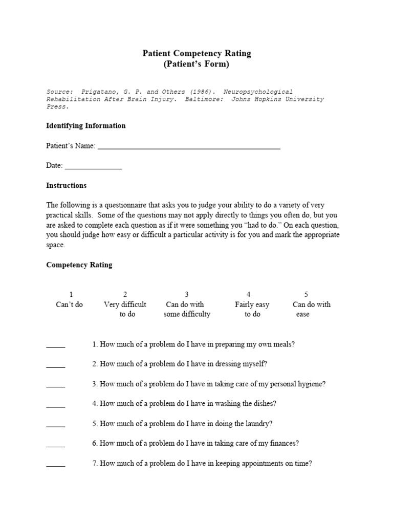 Patient Competency Self-Assessment Form | PDF | Cognitive Science ...