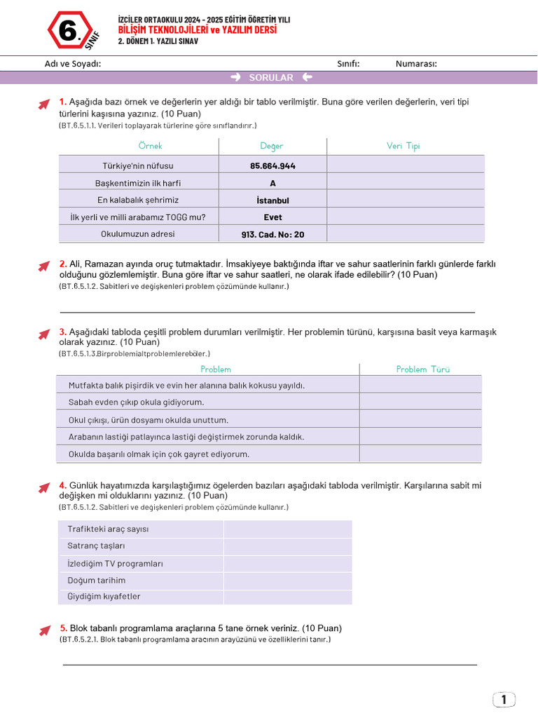 6 - Sinif 2-Donem 1-Yazili | PDF