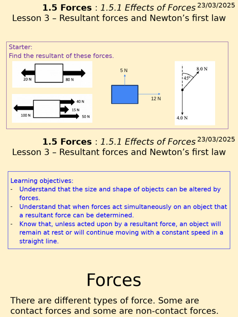 Year 10 Effects of Forces Lesson 3 - Resultant Forces | PDF