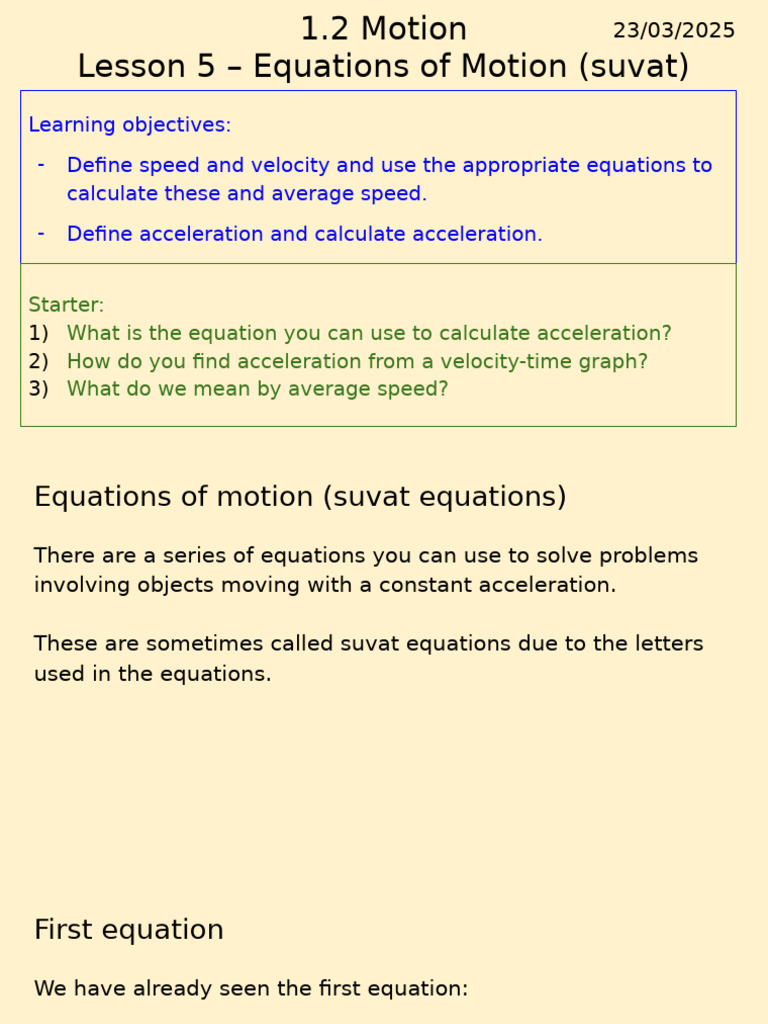 Year 10 Motion Lesson 5 - Suvat | PDF