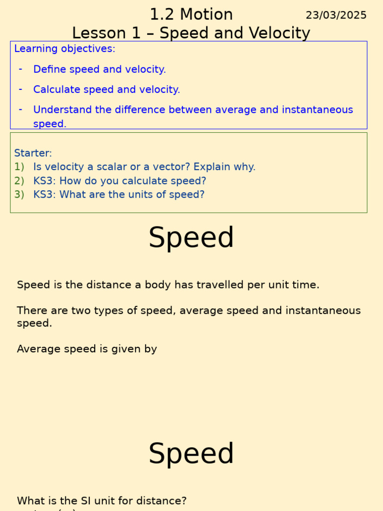 Year 10 Motion Lesson 1 - Speed and Velocity | PDF