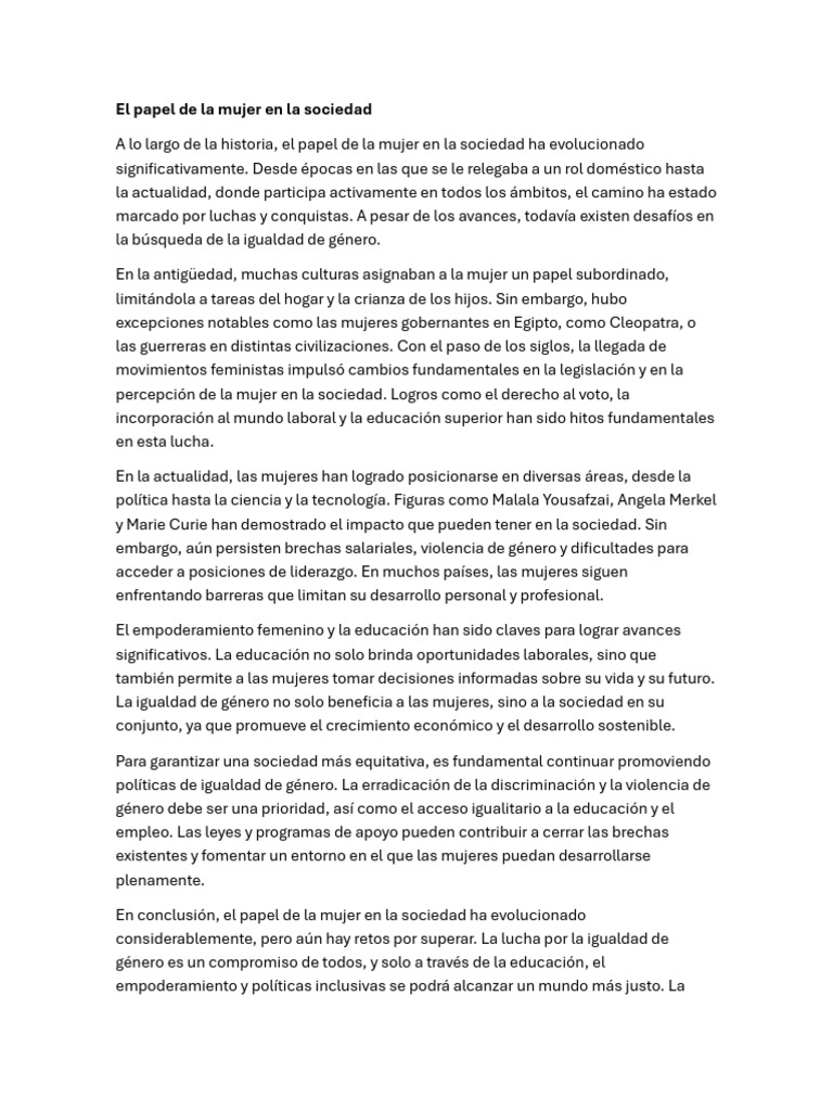 Evolución del papel de la mujer en sociedad | PDF | Mujer | Igualdad de ...