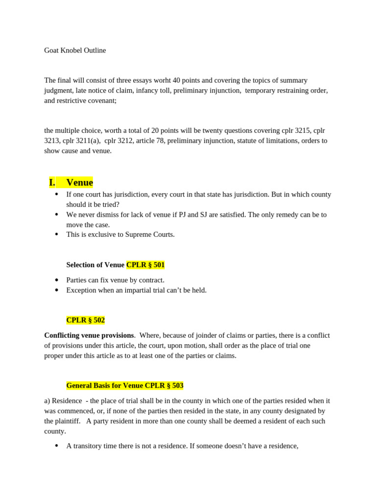 CPLR Venue and Statute of Limitations | PDF | Injunction | Summary Judgment