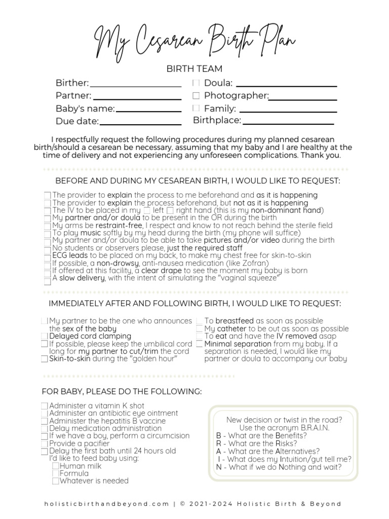 Planned Cesarean Birth Plan Template | PDF | Caesarean Section | Childbirth