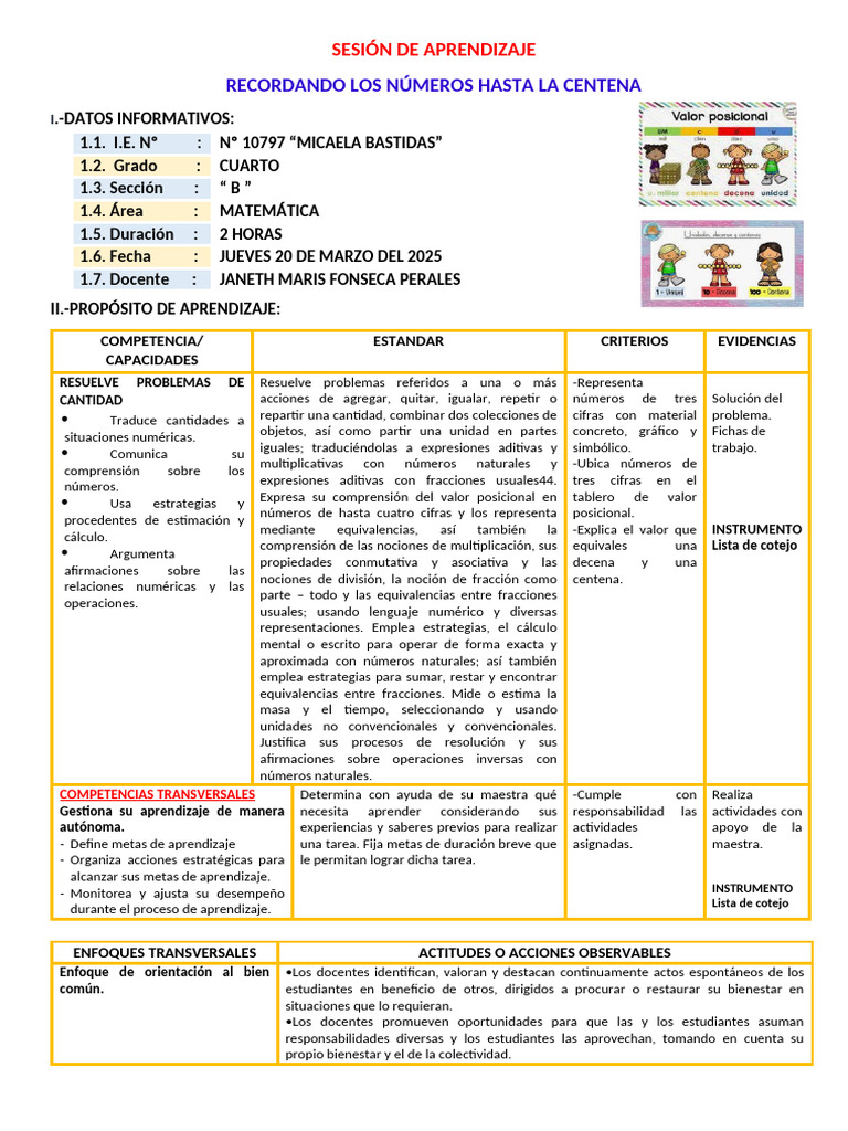 Sesion Mat. Recordando Los Números Hasta La Centena | PDF | Aprendizaje | Enseñando