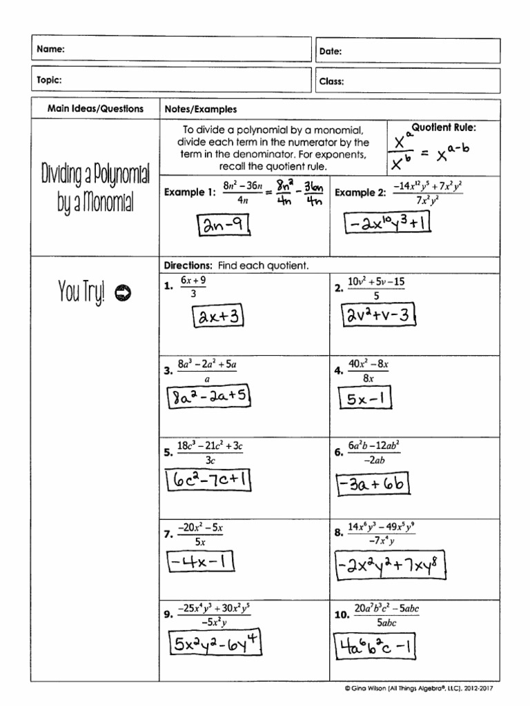 Divide Polynomial by Monomial Notes KEY | PDF