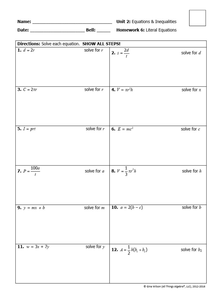 Literal Equations Homework | PDF
